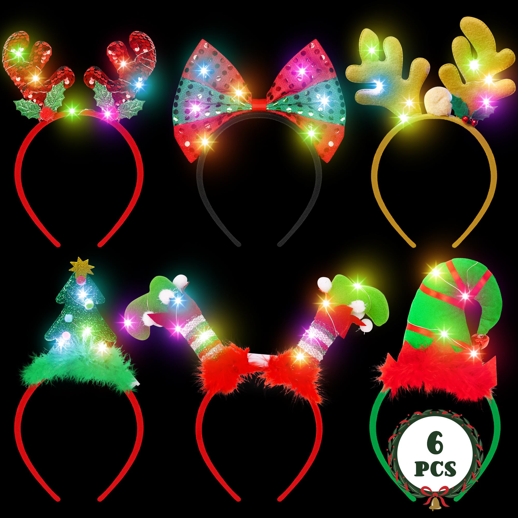 HOVACY Christmas 6 PCS LED Light Up Headband, Reindeer Antler Santa Hat Christmas Tree Leprechaun Hat Bow Hair Hoop for Xmas Holiday Party Favors Adults Kids