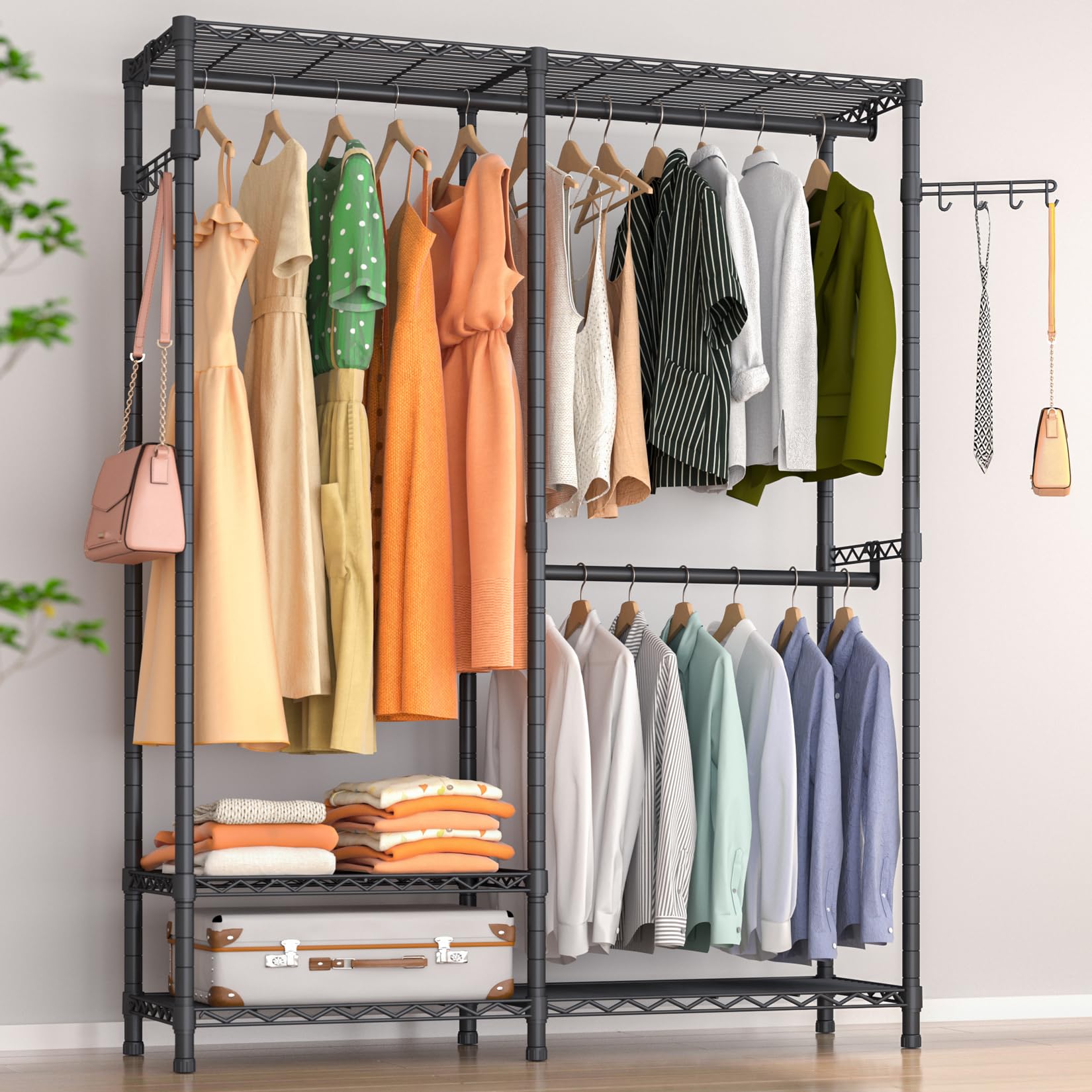 Exglobol Heavy Duty Garment Rack, Metal Closet Organizers and Storage, Wardrobe Clothing Racks for Hanging Clothes, 3 Tiers Adjustable Wire Shelving with 2 Hanger Rods and Side Hooks, Black