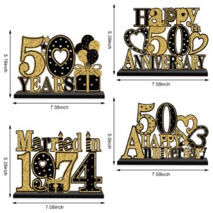 Eiurteao 4 Pieces 50th Anniversary Decorations Married in 1974 Wooden Table Sign, Black Gold Happy 50 Wedding Anniversary Table Centerpieces Party Supplies, Cheers to 50 Year Anniversary Table Decor