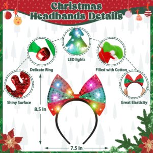 HOVACY Christmas 6 PCS LED Light Up Headband, Reindeer Antler Santa Hat Christmas Tree Leprechaun Hat Bow Hair Hoop for Xmas Holiday Party Favors Adults Kids