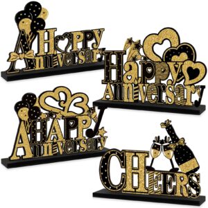 4 pieces anniversary decorations wooden table centerpieces, black gold happy wedding anniversary table sign party supplies, 10th 20th 30th 40th 50th 60th anniversary table decor for indoor outdoor