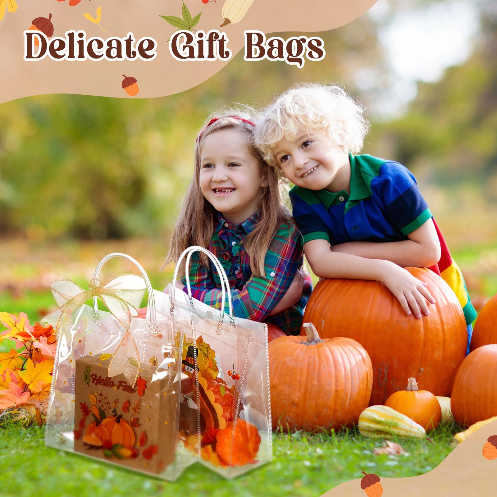 Paterr 24 Pcs Thanksgiving Clear Gift Bags with Handles Thanksgiving Gift Bags Fall Gift Bags Thanksgiving Treat Bags Pumpkin Gift Bags 7.87 x 7.87 x 3.15 Inches for Autumn Thanksgiving Party Supplies