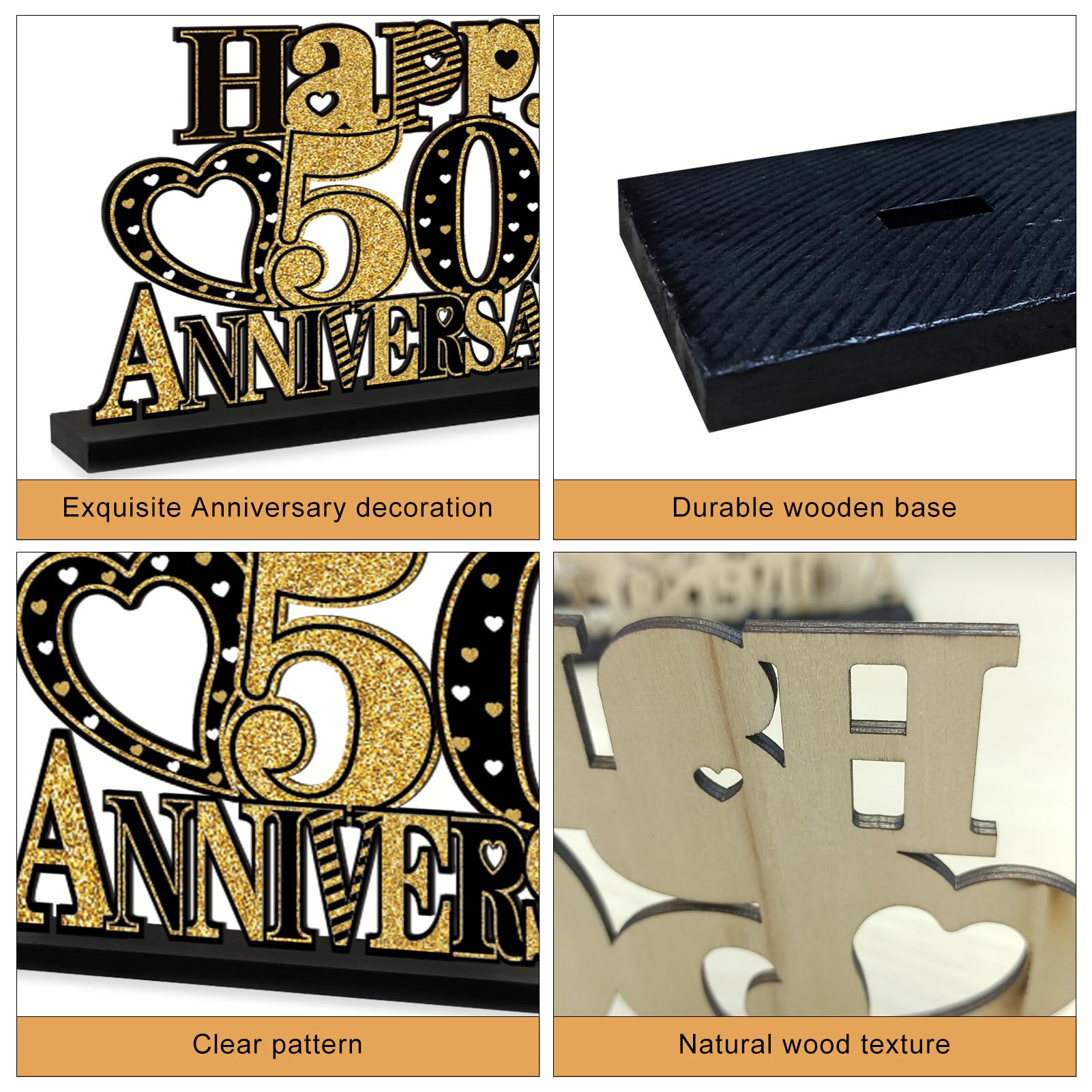 Eiurteao 4 Pieces 50th Anniversary Decorations Married in 1974 Wooden Table Sign, Black Gold Happy 50 Wedding Anniversary Table Centerpieces Party Supplies, Cheers to 50 Year Anniversary Table Decor