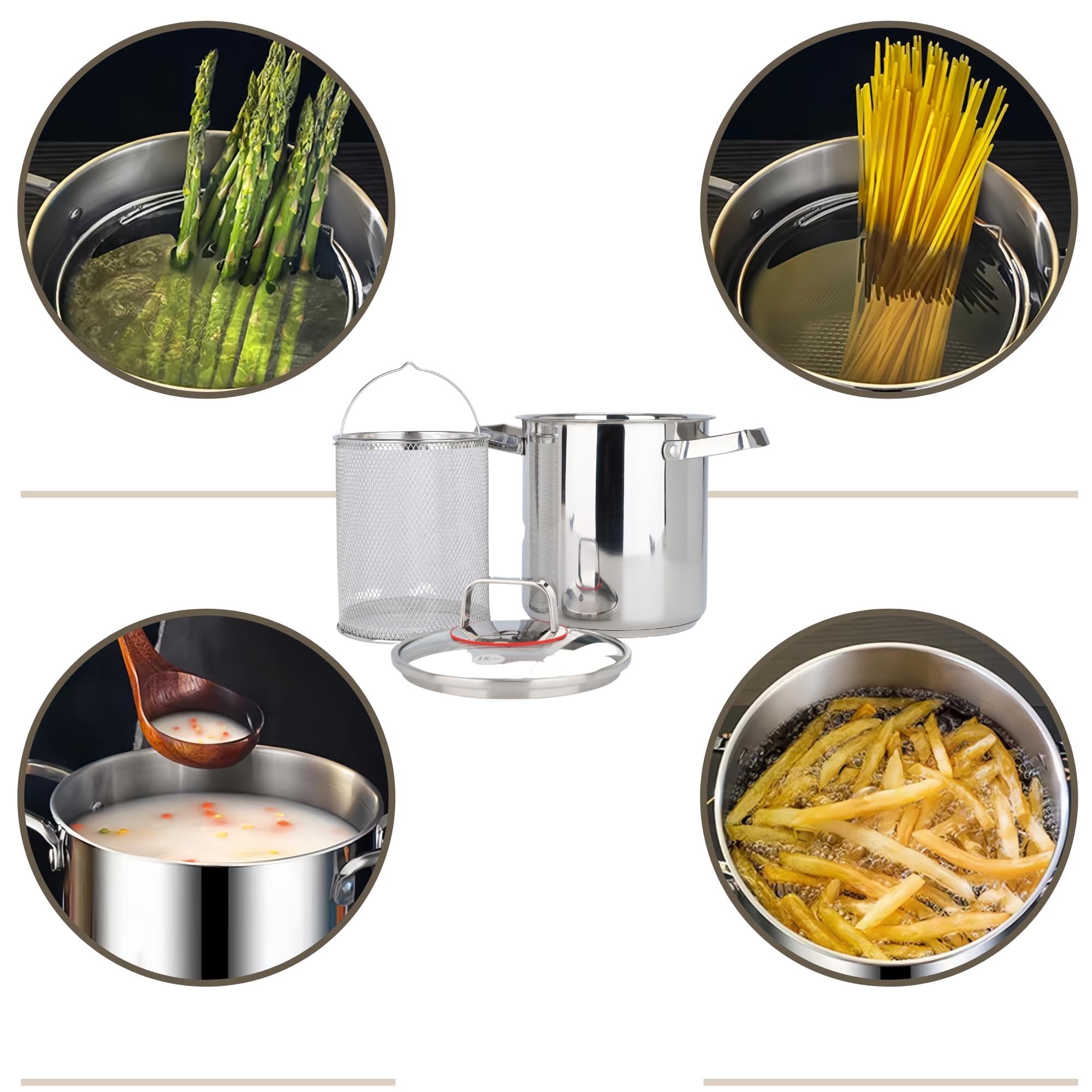 Multi-purpose Pasta and Asparagus Cooker - Stainless Steel Cooking Pot with Strainer and Lid - Durable Kitchen Cookware for Noodles, Spaghetti, Deep Frying - Large Capacity, Dishwasher Safe