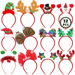 hovacy 12 pieces christmas headbands, cute christmas head toppers, various design santa hat christmas tree snowman reindeer antler headwears for christmas party favors, christmas party supplies