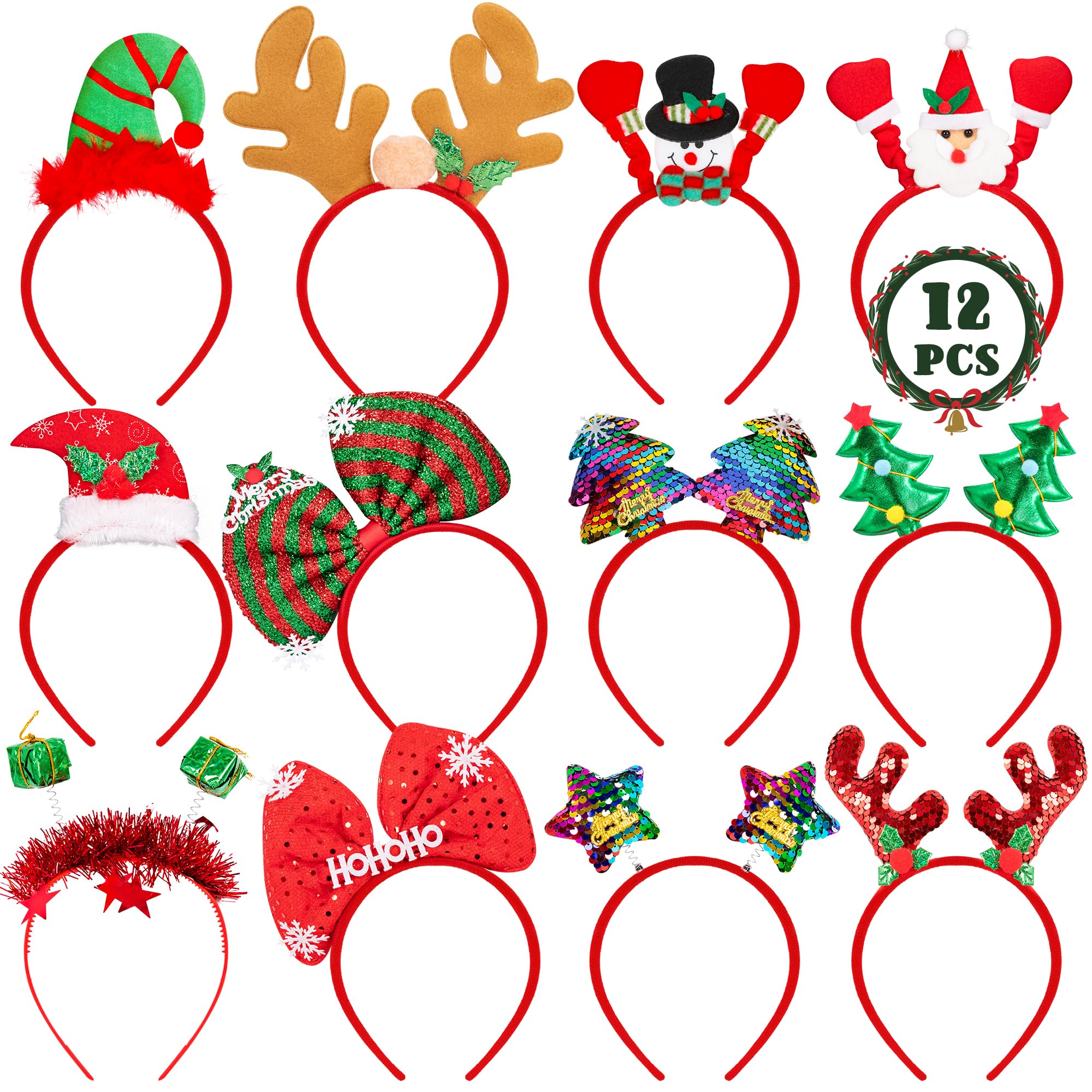 HOVACY 12 Pieces Christmas Headbands, Cute Christmas Head Toppers, Various Design Santa Hat Christmas Tree Snowman Reindeer Antler Headwears for Christmas Party Favors, Christmas Party Supplies