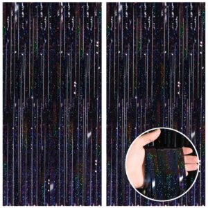 canrevel 2 pack 3.3x8.2 feet laser black foil fringe backdrop curtains, tinsel streamers birthday party decorations, fringe backdrop for graduation, halloween, happy new year, disco party