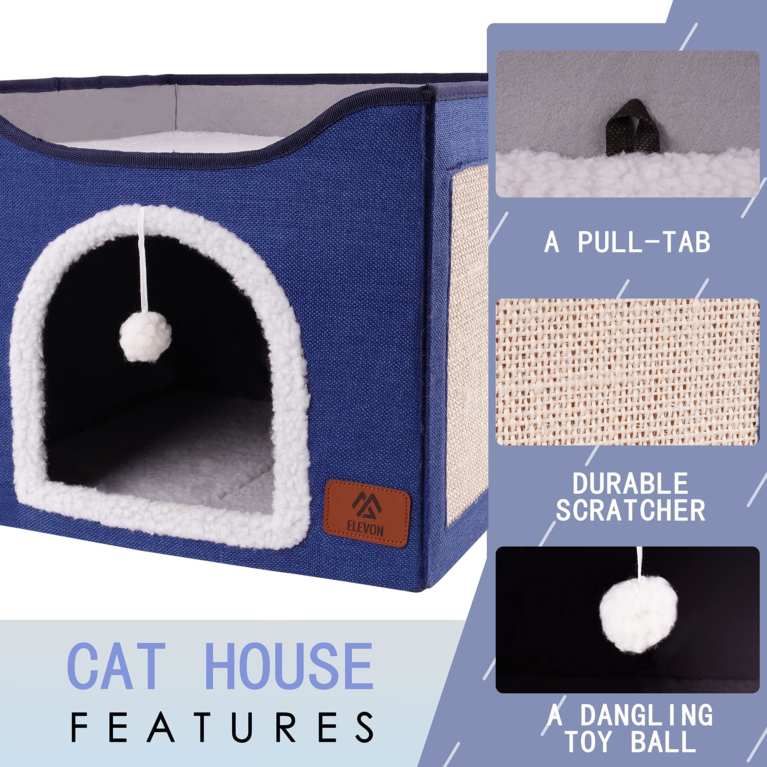 Elevon Cat Beds for Indoor Cats, Foldable Cat House Suitable for All Seasons, Cat Cube Apartment with Cat Scratch Board and Reversible Cushion, Suitable for Multi Small Pet Under 20 lbs, Blue