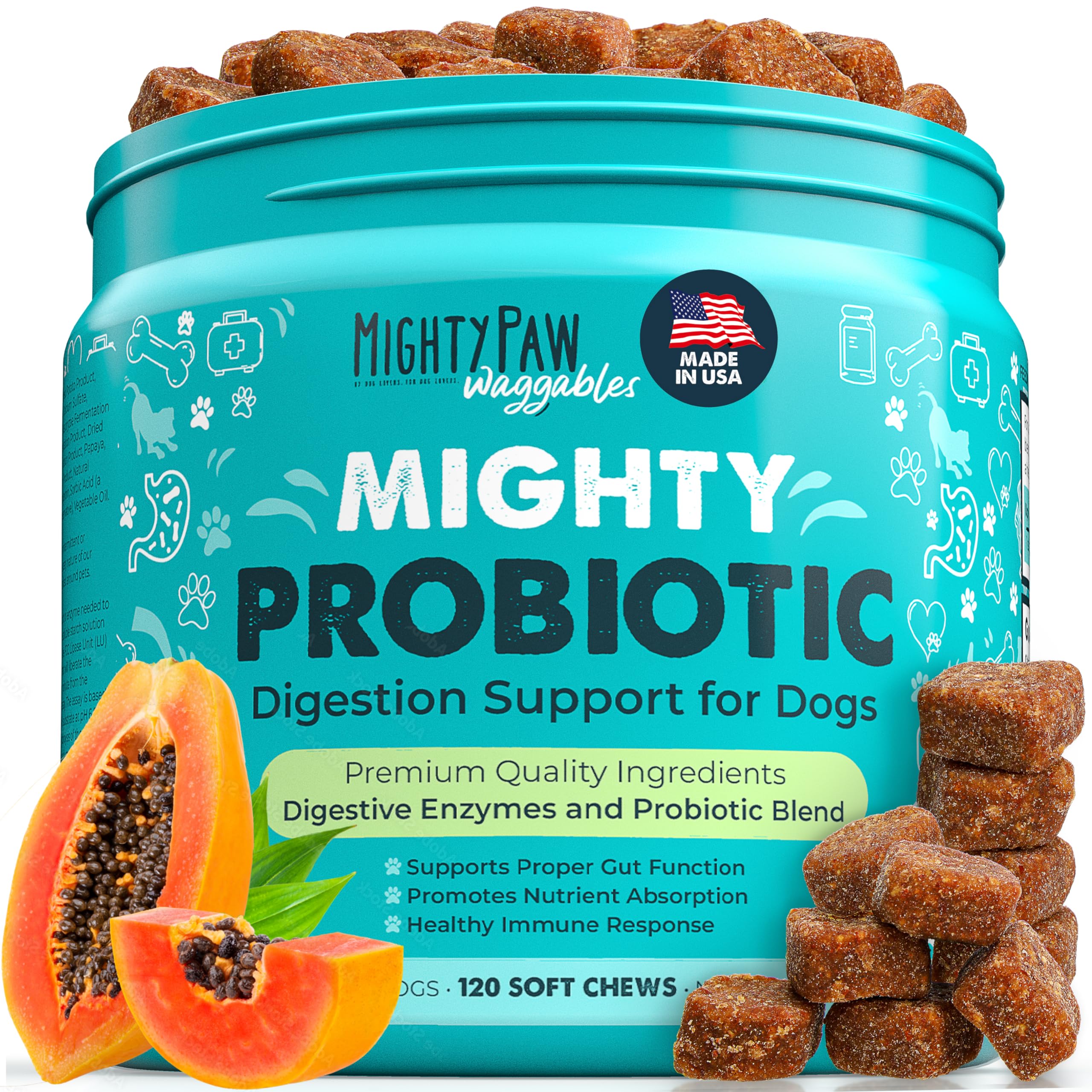 Mighty Paw Waggables Probiotic Chews for Dogs (Made in USA) | Dog Probiotics & Digestive Enzymes. Bacon Flavor Probiotics for Dogs Digestive Health. Prebiotics, Probiotics for Dogs Gut Health (120 Ct)