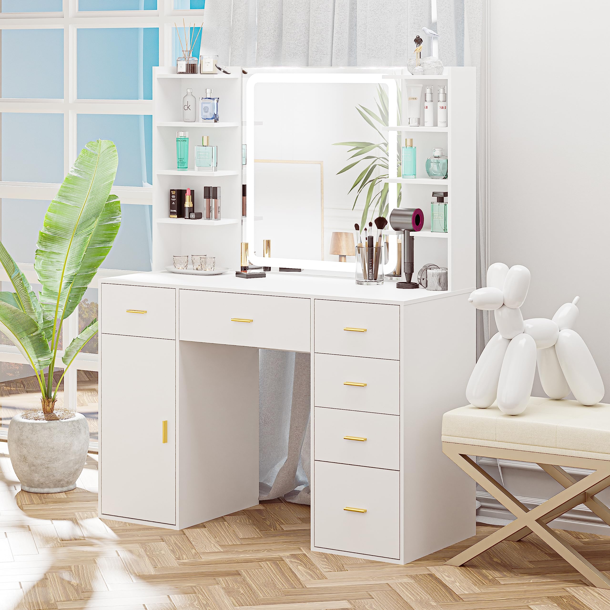 VoirStar Vanity Desk with Mirror & Light, Makeup Vanity with Lights, 6 Drawers Makeup Table with Mirror, 3 Lighting Colors, Dressing Table, Large Storage Vanity Desk with Shelf, White