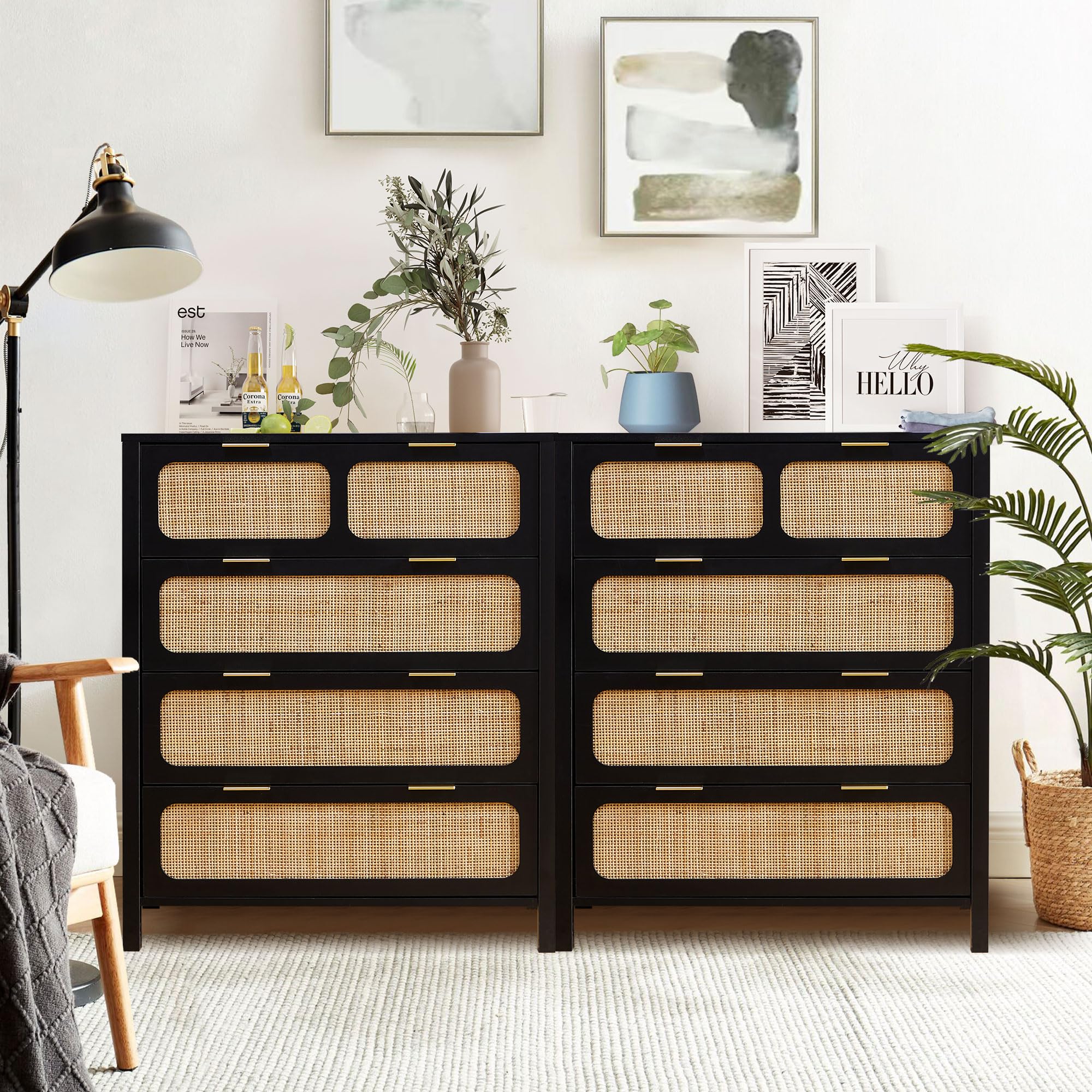 LEVNARY 4 Drawer Dresser Set of 2, Rattan Dressers Storage Cabinet with Metal Handles, Wooden Chest of Drawers Dresser for Bedroom, Entryway, Living Room, Hallway (2, Black)