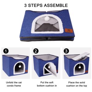 Elevon Cat Beds for Indoor Cats, Foldable Cat House Suitable for All Seasons, Cat Cube Apartment with Cat Scratch Board and Reversible Cushion, Suitable for Multi Small Pet Under 20 lbs, Blue