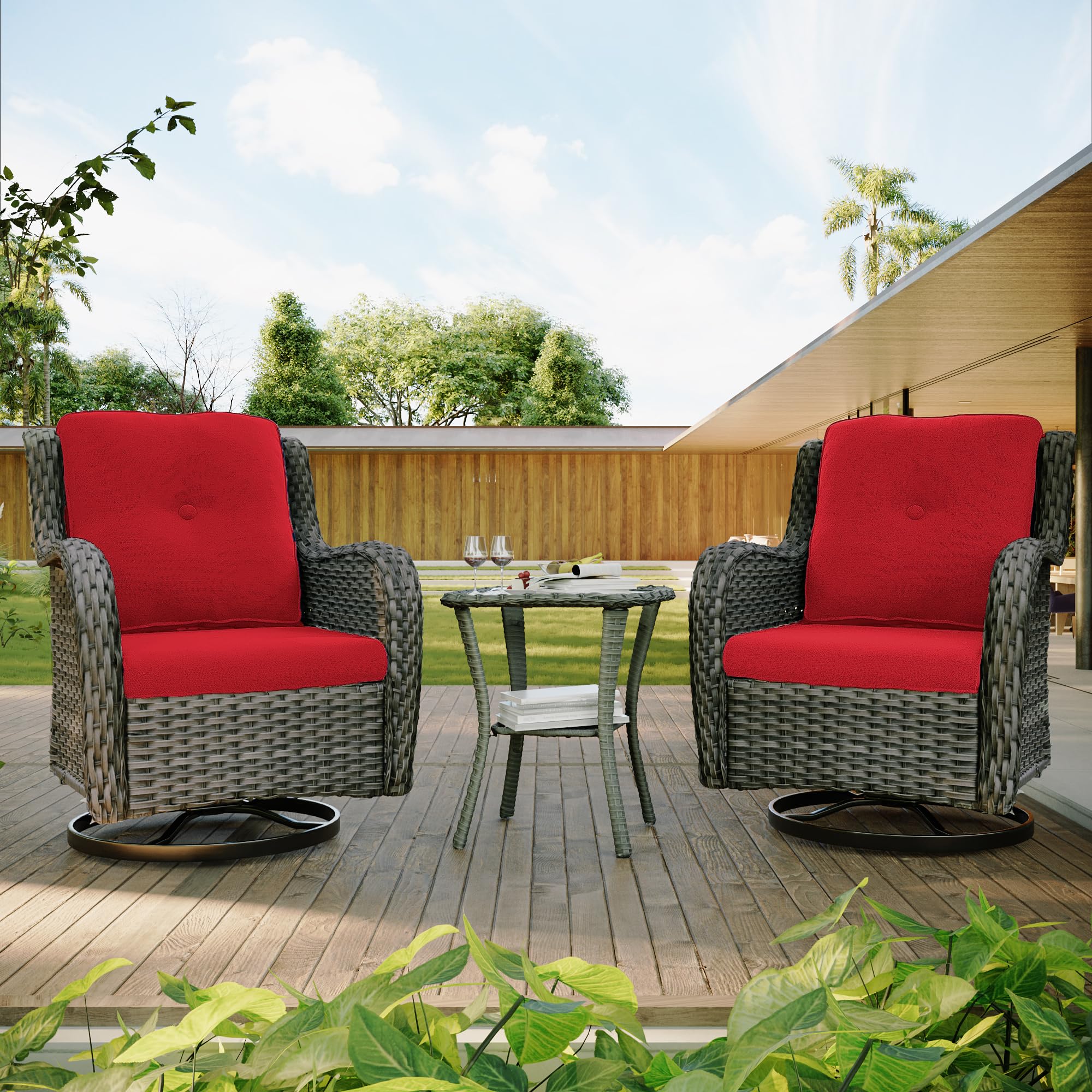 Joyside Outdoor Swivel Rocker Patio Chair - Outdoor Wicker Glider Rocking Chair with Olefin Fabric Cushions Suitable for Porch Deck and Backyard(Mixed Grey/Red)