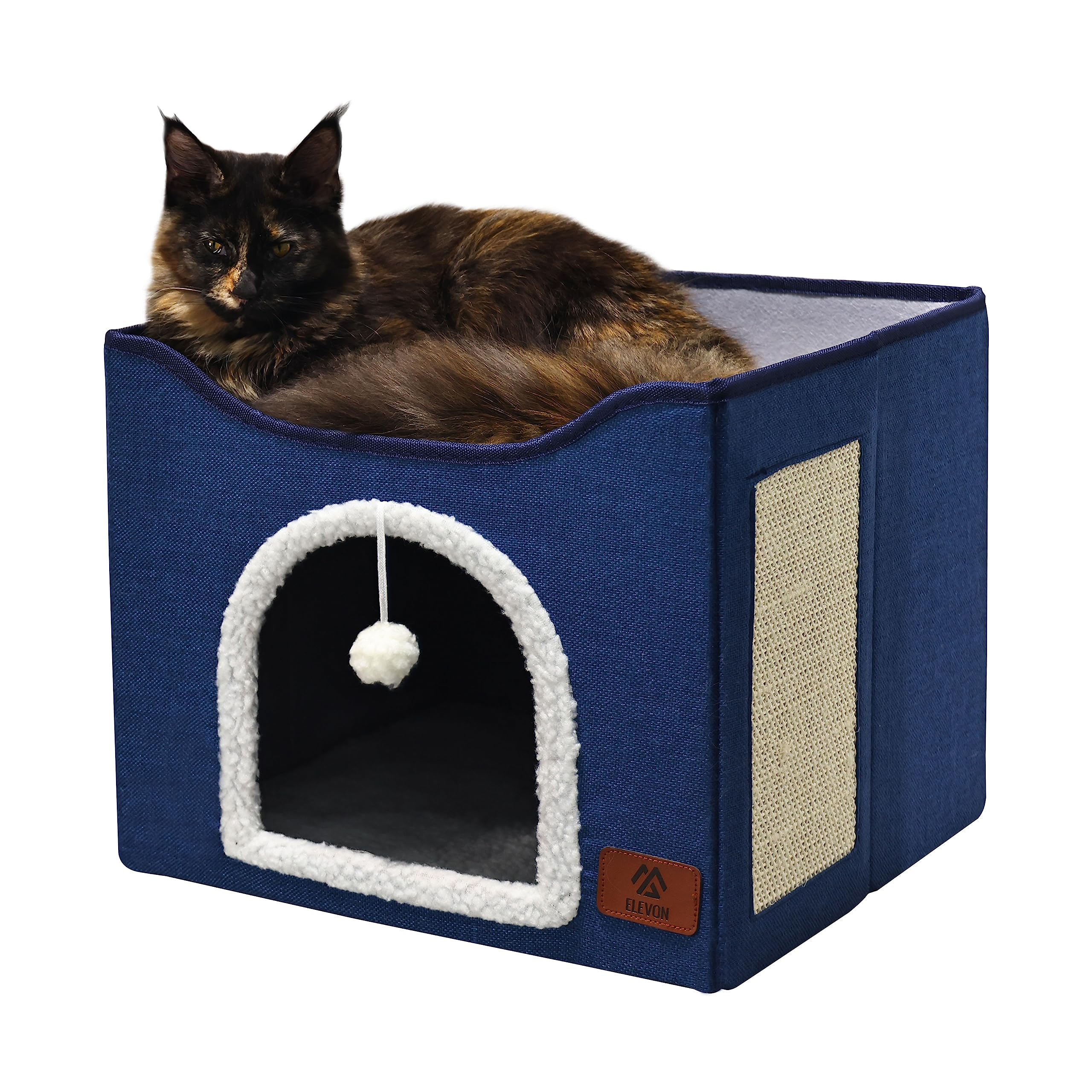 Elevon Cat Beds for Indoor Cats, Foldable Cat House Suitable for All Seasons, Cat Cube Apartment with Cat Scratch Board and Reversible Cushion, Suitable for Multi Small Pet Under 20 lbs, Blue