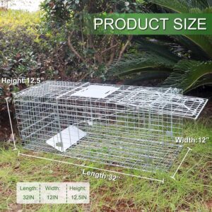 32" Live Animal Cage Trap, Humane Cat Trap Galvanized Iron,Heavy Duty Folding Animal Trap with Handle for Rabbits, Stray Cats, Raccoons,Groundhogs and Opossum(32 * 12 * 12.5inch)