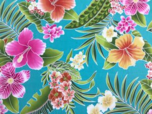 turquiose tropical hawaiian print fabric 100% cotton sold by the yard