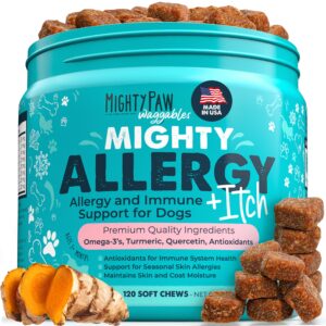 mighty paw waggables allergy immune + itch (made in the usa) | dog allergy chews anti-itch for dogs. dog allergy support dog vitamins for skin and coat allergies. omega 3 & quercetin for dogs (120 ct)