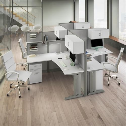 Bush Business Furniture Office in an Hour 65W L Shaped Cubicle Desk with Storage, Drawers, and Organizers in Pure White Modern Computer Table Set with Privacy Panels for Commercial Workspace