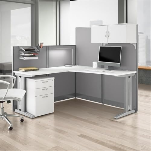 Bush Business Furniture Office in an Hour 65W L Shaped Cubicle Desk with Storage, Drawers, and Organizers in Pure White Modern Computer Table Set with Privacy Panels for Commercial Workspace