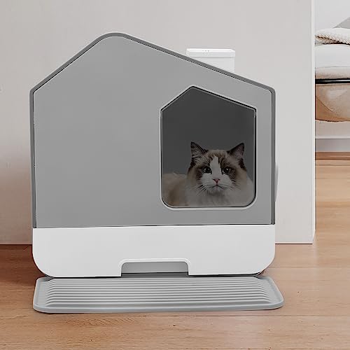 MoNiBloom Hooded Litter Box Fully Enclosed Splash-Proof Cat Litterbox with Litter Catcher Mat, Modern House Shaped Enclosed Cat Litter Boxes Slide Cleaning Design for Small Cats Under 10 Lbs