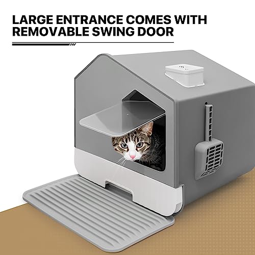 MoNiBloom Hooded Litter Box Fully Enclosed Splash-Proof Cat Litterbox with Litter Catcher Mat, Modern House Shaped Enclosed Cat Litter Boxes Slide Cleaning Design for Small Cats Under 10 Lbs