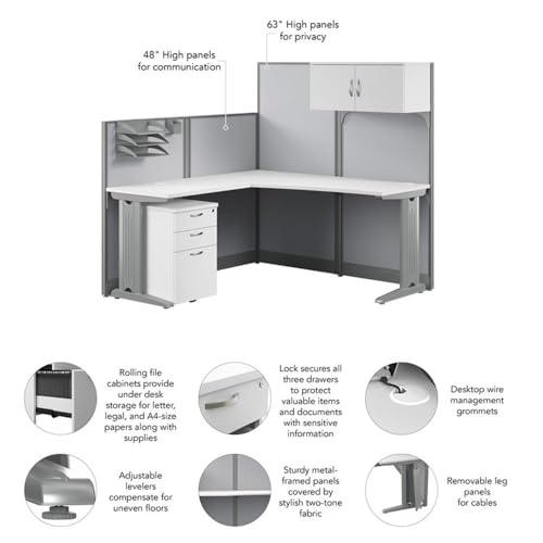 Bush Business Furniture Office in an Hour 65W L Shaped Cubicle Desk with Storage, Drawers, and Organizers in Pure White Modern Computer Table Set with Privacy Panels for Commercial Workspace