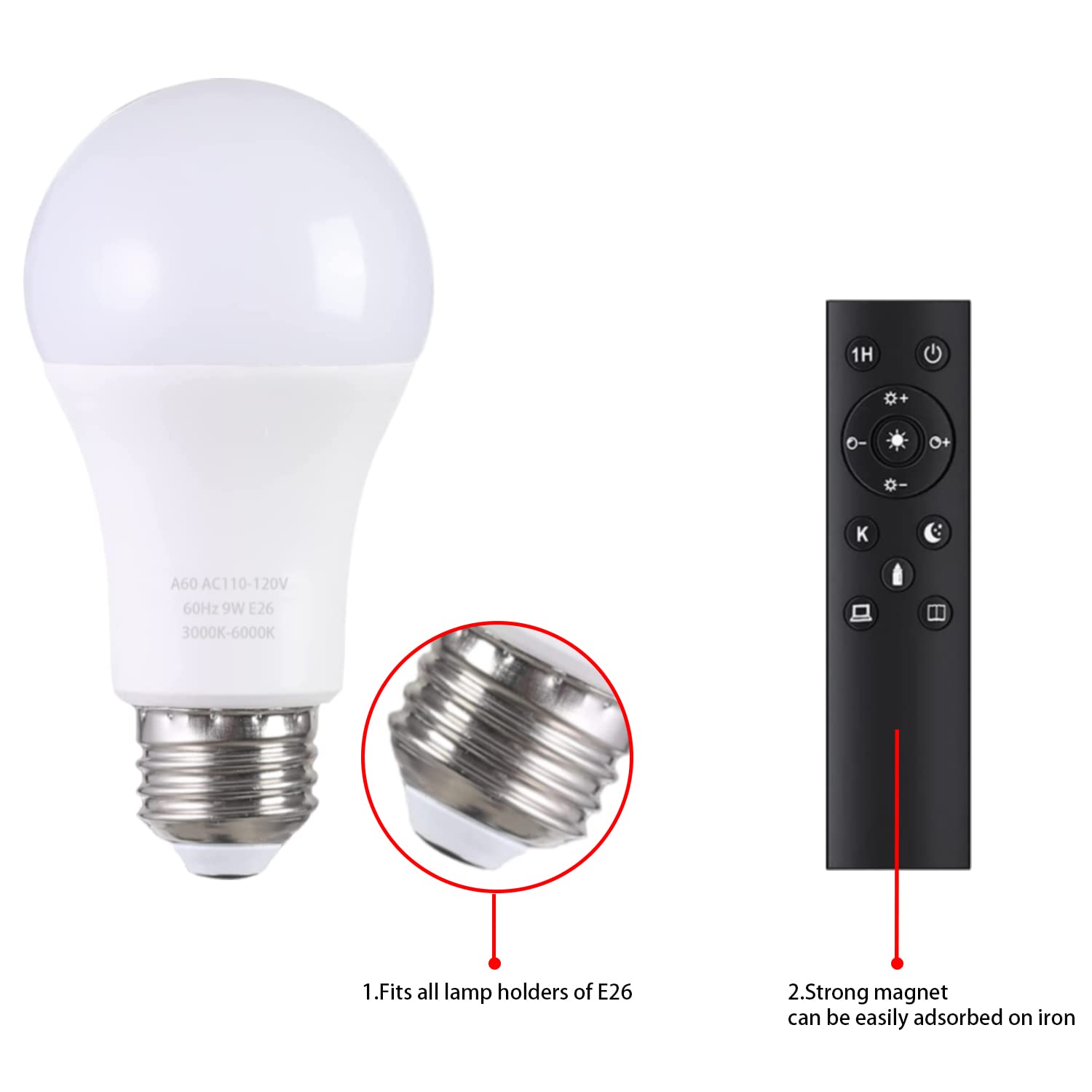 MXhme A19 LED Light Bulbs with Remote Control, 800LM 9W (60W Equivalent) Bulbs,Stepless Dimmable 3000K-6000K,E26 Base,CRI 80+,2.4GHz,25000+ Hours Lifespan,Light Bulb for Home Decor,2Bulb & 1Remote