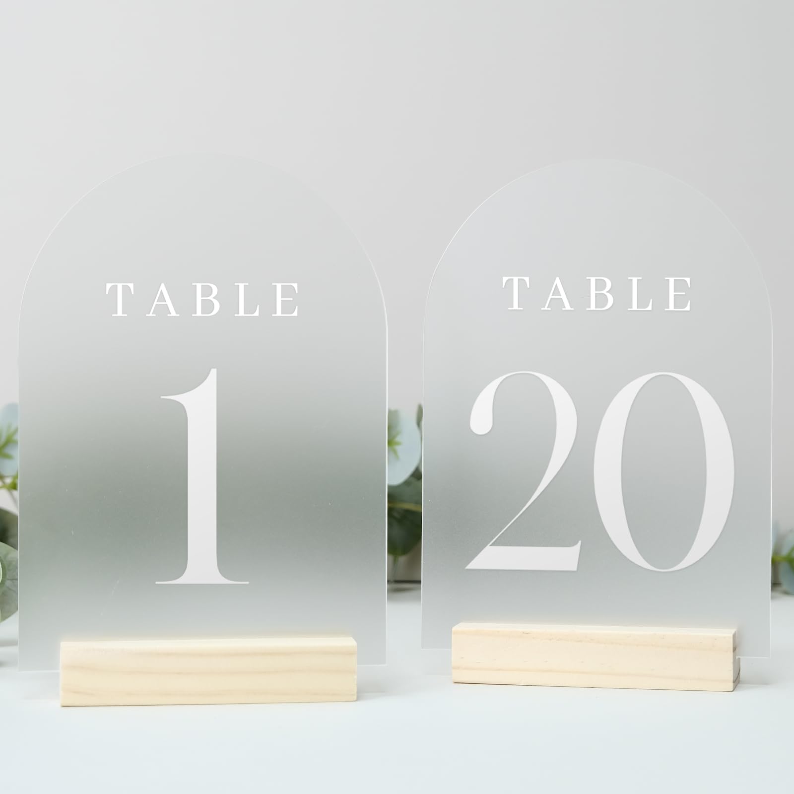 JINMURY Frosted Arch Wedding Table Numbers 1-20 with Wood Stands, 20 Pack 5x7" Frosted Acrylic Arch Signs and Wooden Base, Acrylic Table Numbers for Wedding (Frosted Table Numbers 1-20, 5"x7")