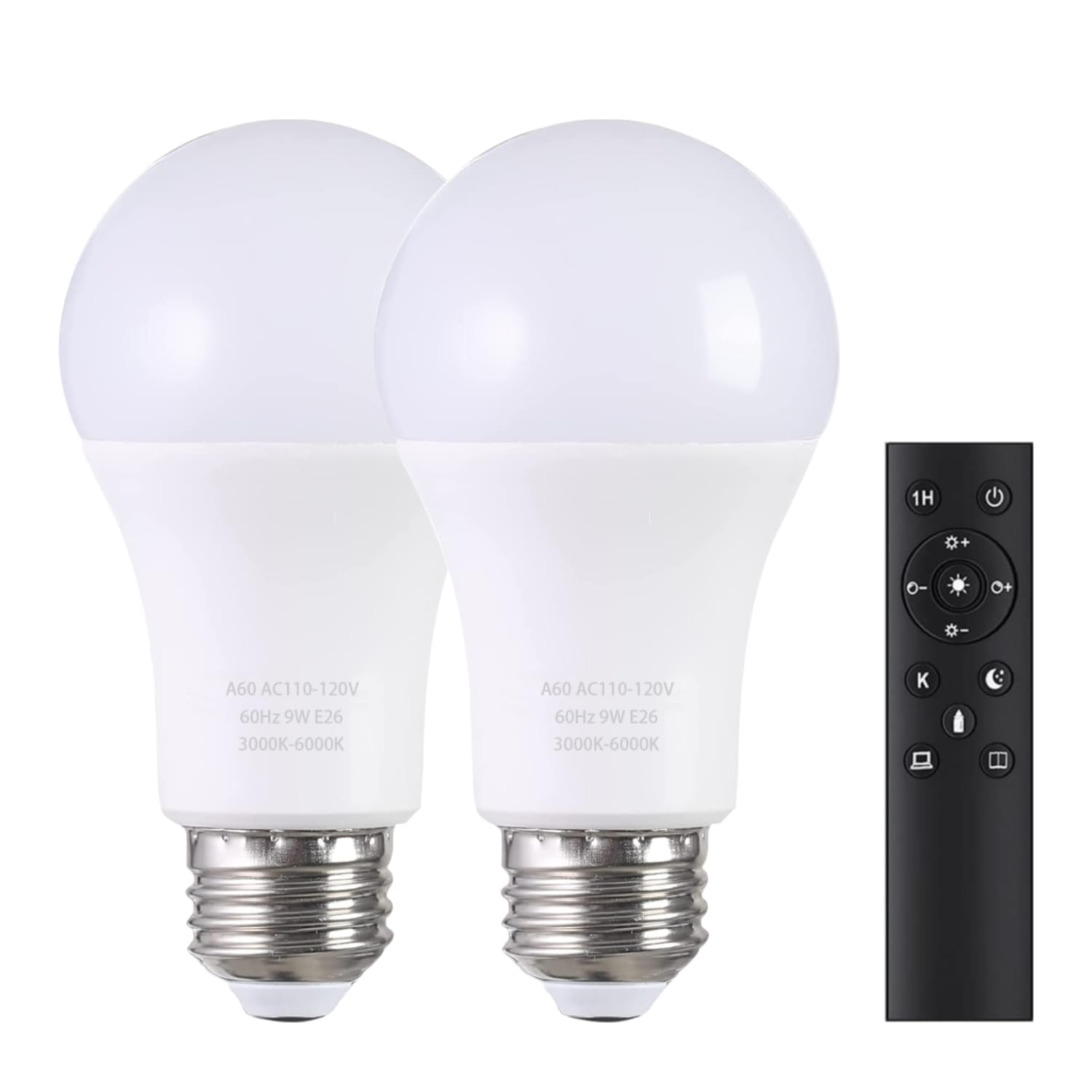 MXhme A19 LED Light Bulbs with Remote Control, 800LM 9W (60W Equivalent) Bulbs,Stepless Dimmable 3000K-6000K,E26 Base,CRI 80+,2.4GHz,25000+ Hours Lifespan,Light Bulb for Home Decor,2Bulb & 1Remote