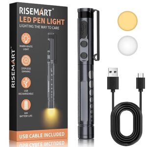 risemart pen light for nurse, rechargeable led medical penlight, warm/cool white & stepless dimming, portable medical penlight for nurse, doctor, first aid, emt, nursing,nursing student (black)