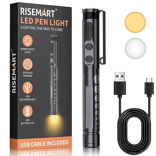 RISEMART Pen Light for Nurse, Rechargeable LED Medical PenLight, Warm/Cool White & Stepless Dimming, Portable Medical PenLight for Nurse, Doctor, First Aid, EMT, Nursing,Nursing Student (Black)