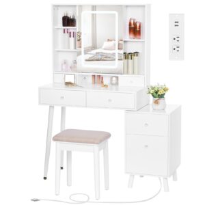 bewishome vanity desk, white vanity with charging station & nightstand, makeup desk makeup vanity with lights with 3 colors modes, makeup table vanity table with sliding mirror dressing table fst19w