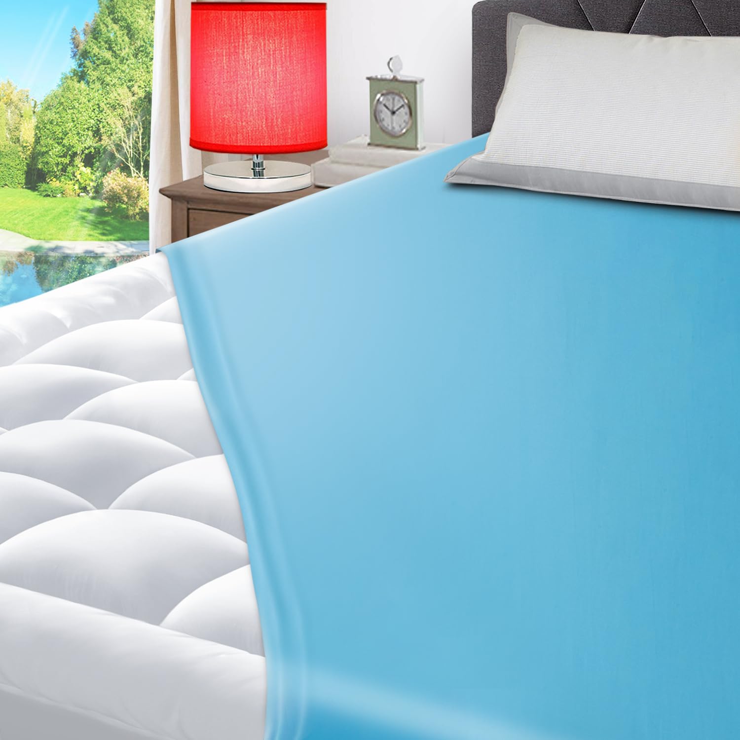 ELEMUSE Cooling Blue Queen Dual Layer Mattress Pad Cover, Cool-to-Touch Fitted Sheet Plus Soft Mattress Topper for Hot Sleepers, Supportive Pillowtop Mattress Protector with Fluffy Filling