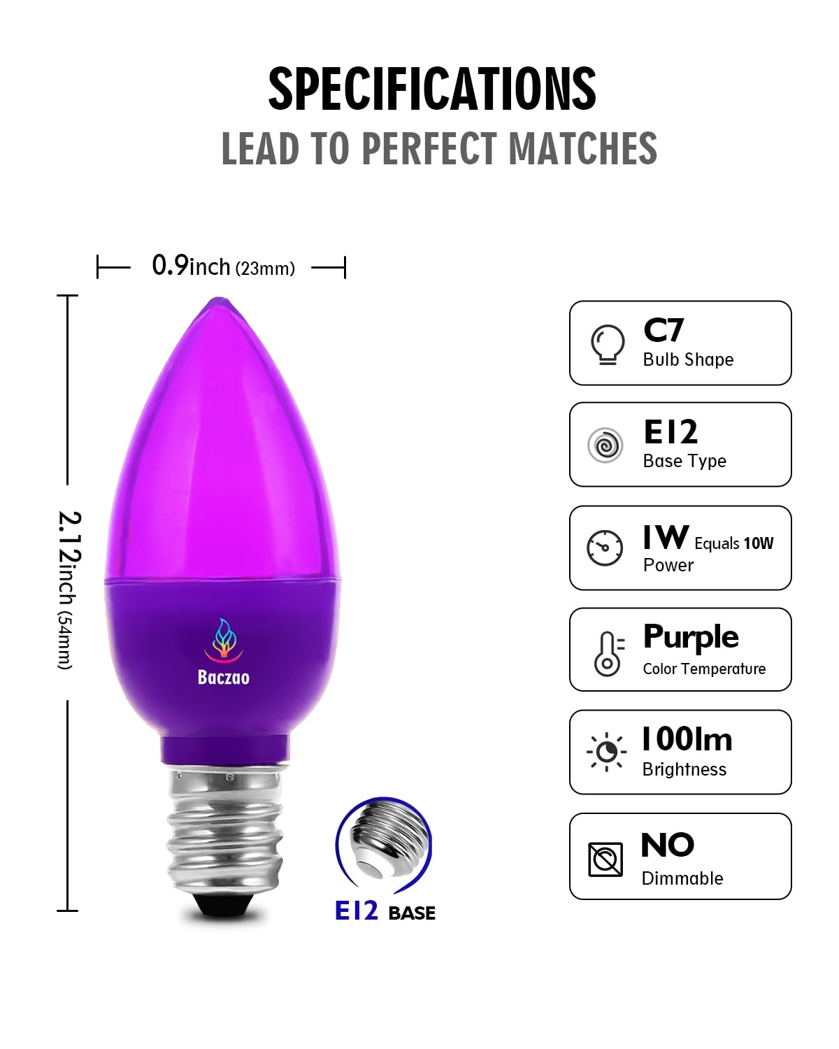 Baczao Purple C7 Light Bulbs 6 Pack, 1W Small C7 LED Christmas Light Replacement Bulbs, E12 Candelabra Base, Non-Dimmable, Red Night Light Bulb for Outdoor Xmas String Lights Window