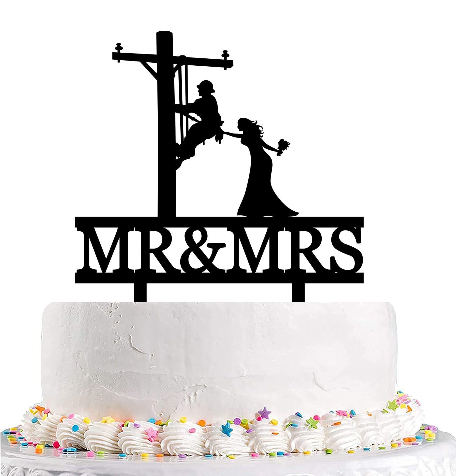 Electrician Lineman Wedding Cake Topper,Electrician Builders Workers Cake Topper, Bride and Groom Wedding Cake Topper, Power Electrician Lineman Mr and Mrs Cake Topper