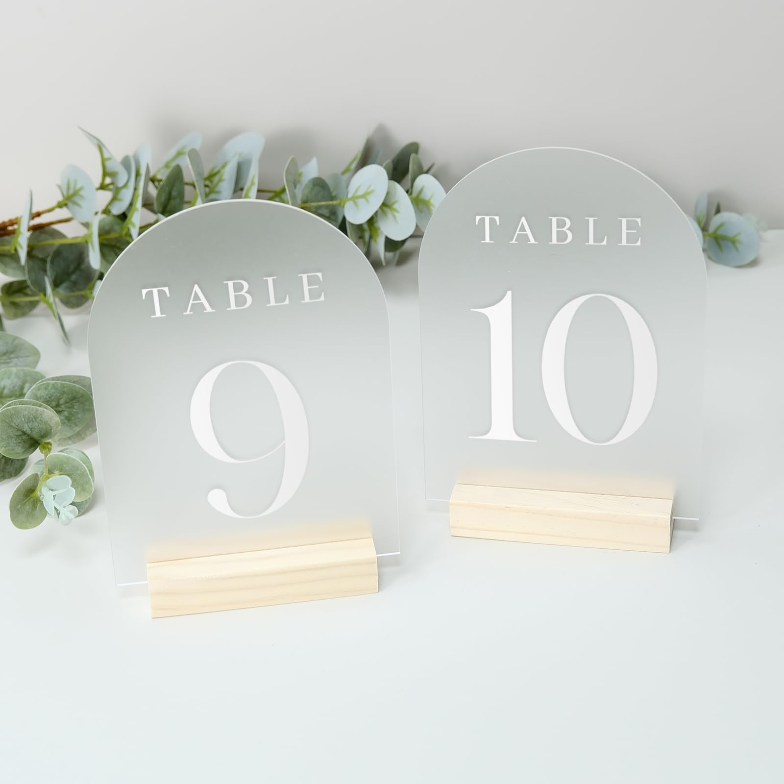 JINMURY Frosted Arch Wedding Table Numbers 1-20 with Wood Stands, 20 Pack 5x7" Frosted Acrylic Arch Signs and Wooden Base, Acrylic Table Numbers for Wedding (Frosted Table Numbers 1-20, 5"x7")