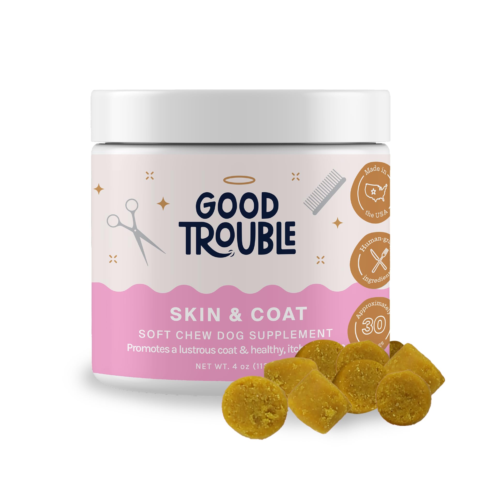 Good Trouble Pets Skin & Coat Supplement for Dogs - Bacon & Chicken Flavor, Promotes Healthy Coat & Skin, 30 Chews for Optimal Results