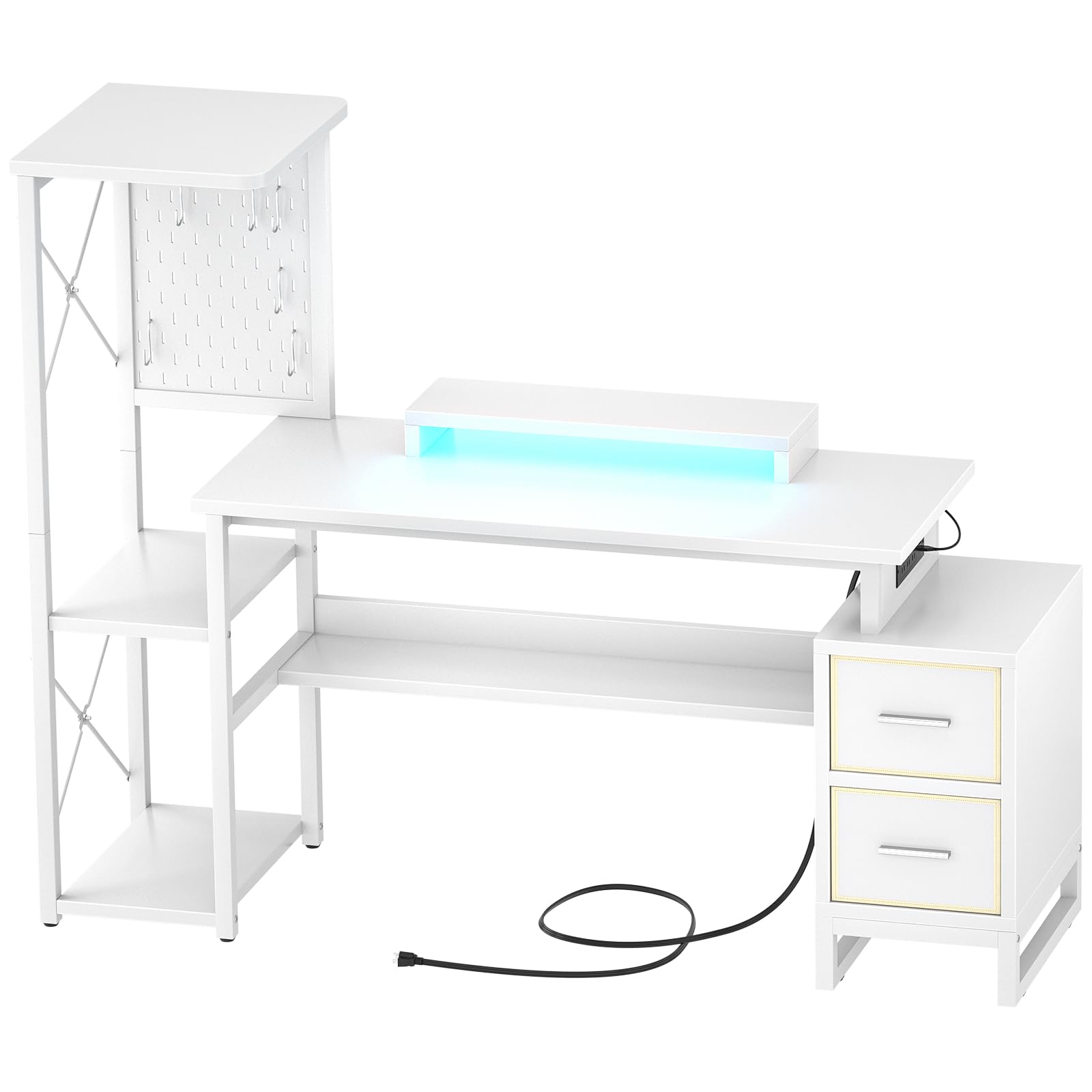 Computer Desk with 2 Fabric Drawers - Reversible Home Office Desk with Power Outlet & LED Lights, 53" Writing Desk with Monitor Stand & Storage Shelves, Gaming Desk Study Table with Pegboard, White