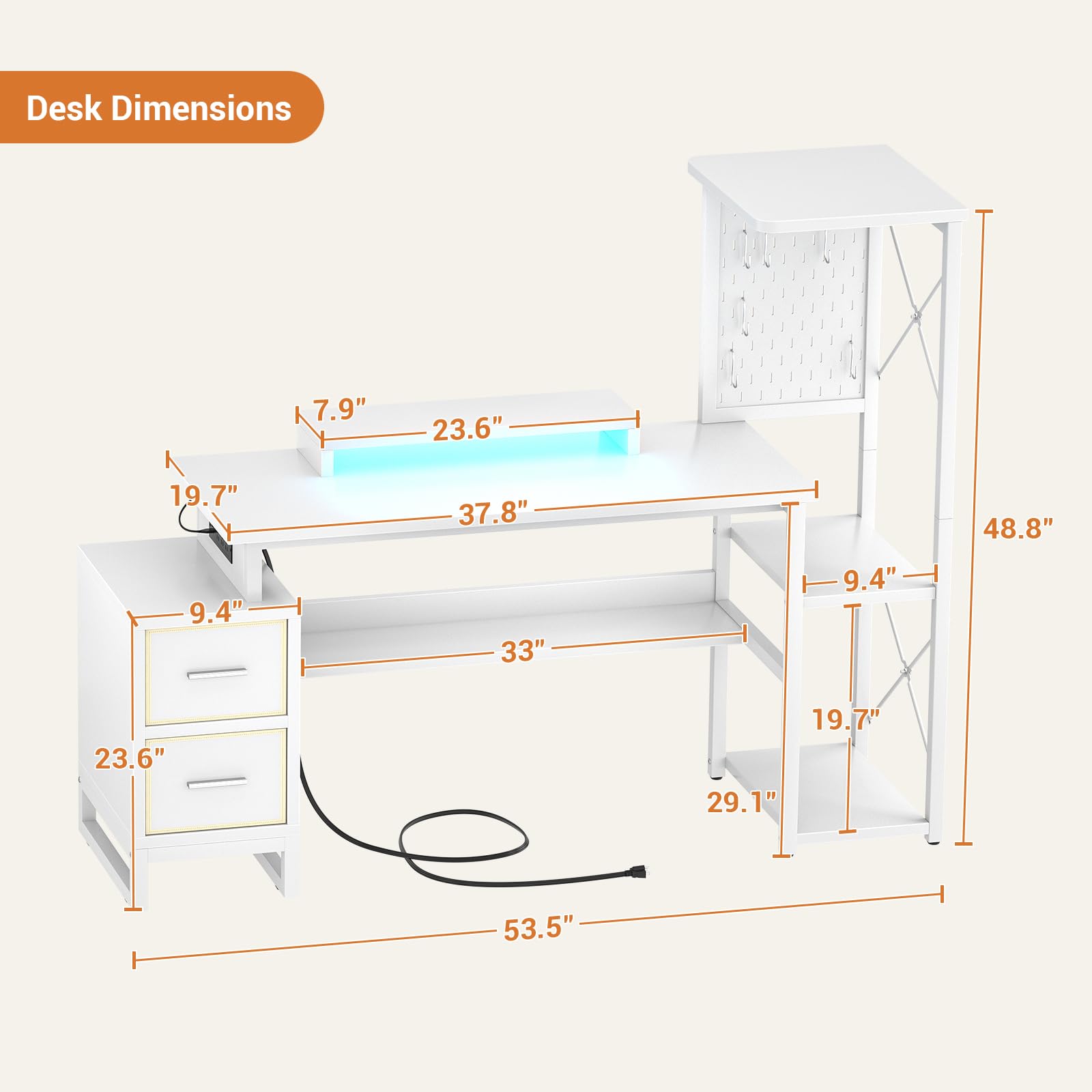 Computer Desk with 2 Fabric Drawers - Reversible Home Office Desk with Power Outlet & LED Lights, 53" Writing Desk with Monitor Stand & Storage Shelves, Gaming Desk Study Table with Pegboard, White