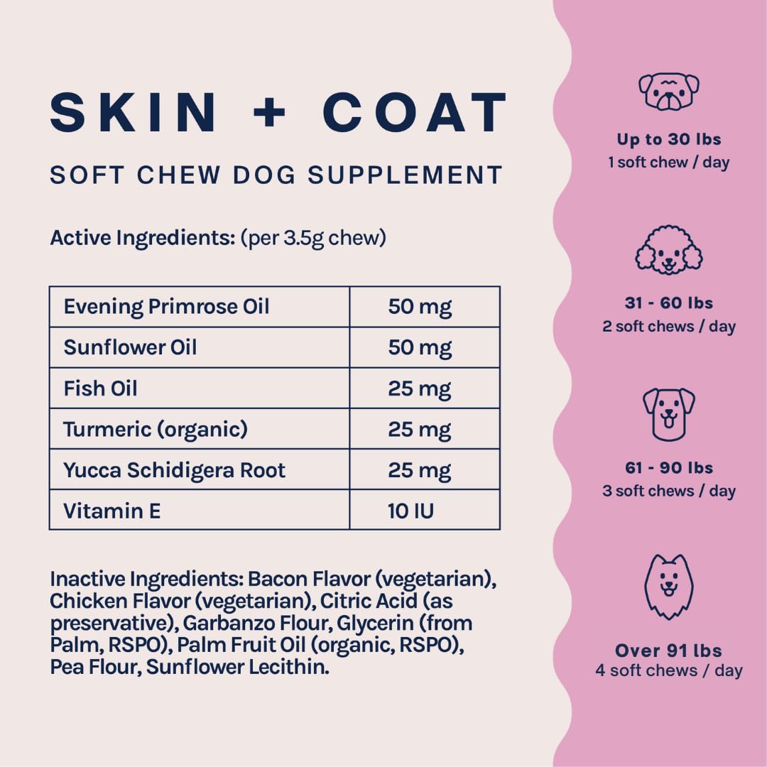 Good Trouble Pets Skin & Coat Supplement for Dogs - Bacon & Chicken Flavor, Promotes Healthy Coat & Skin, 30 Chews for Optimal Results