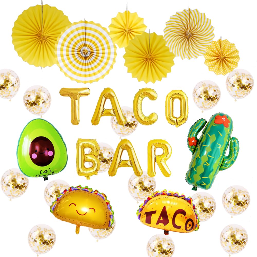 Taco Bar Gold Mylar Aluminum Balloons, Taco Themed Party Sign, Fiesta Mexican Birthday/Wedding/Baby Shower/Bridal Shower Party Banner Decoration Supplies