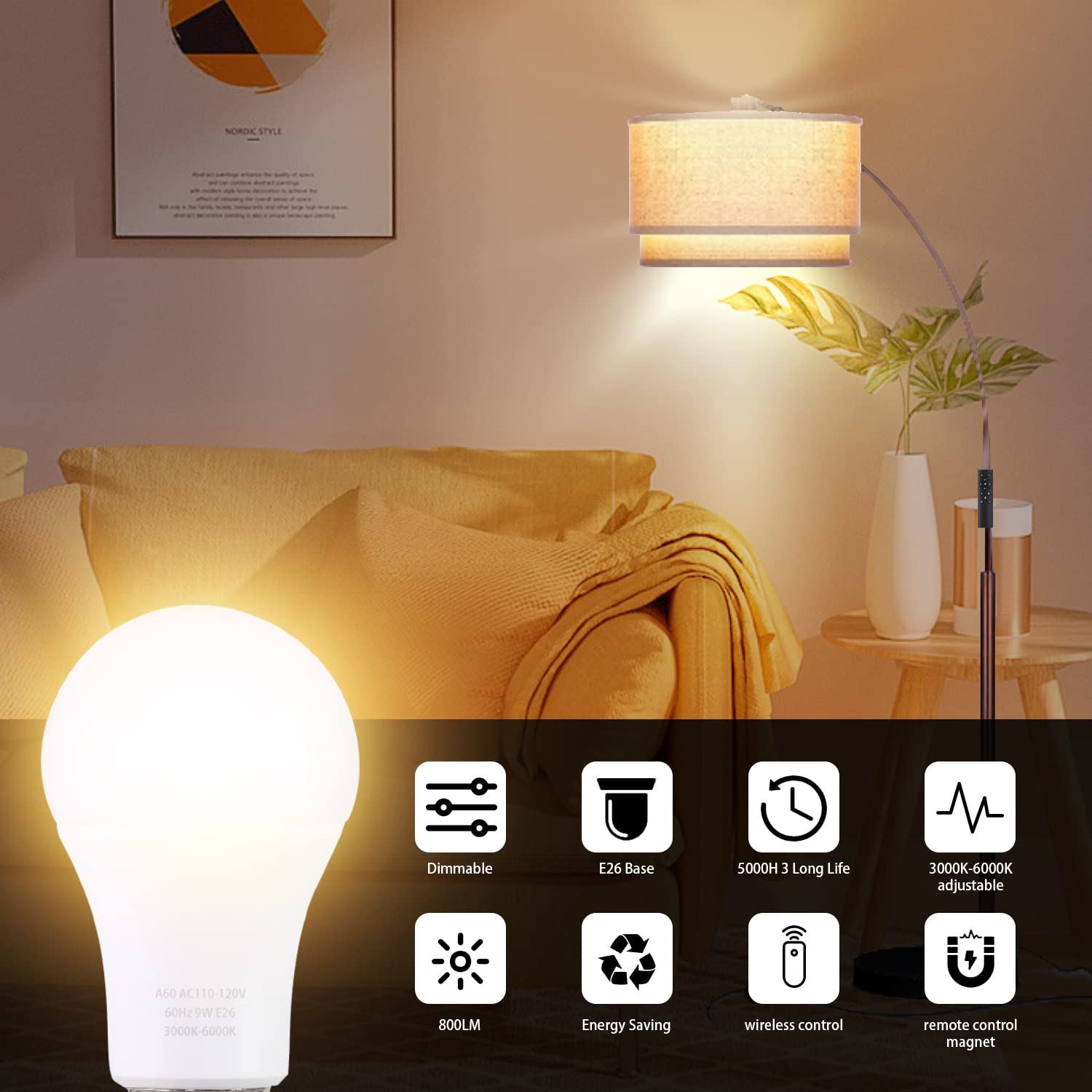 MXhme A19 LED Light Bulbs with Remote Control, 800LM 9W (60W Equivalent) Bulbs,Stepless Dimmable 3000K-6000K,E26 Base,CRI 80+,2.4GHz,25000+ Hours Lifespan,Light Bulb for Home Decor,2Bulb & 1Remote