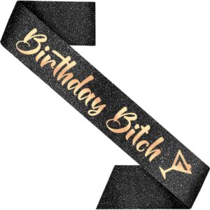 partyforever birthday decoration sash for women black 32 inch long sash with rose gold birthday bitch letters for 21st, 30th, 40th or 50th birthday