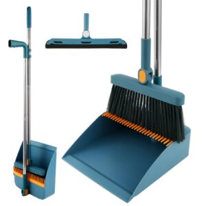 broom and dustpan set for home, 180° rotating broom combo, foldable floor sweeping set with long handle, stand dustpan and broom combo with comb teeth for office kitchen lobby floor cleaning (blue)