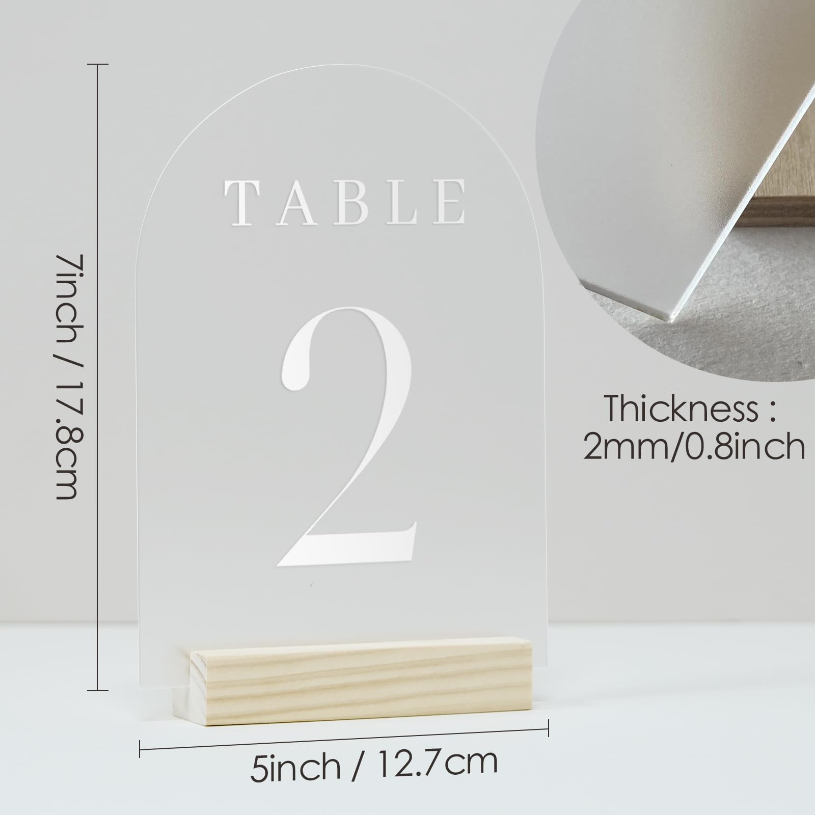 JINMURY Frosted Arch Wedding Table Numbers 1-15 with Wood Stands, 5x7" Frosted Acrylic Arch Signs and Wooden Base, Acrylic Table Numbers for Wedding (Frosted Table Numbers 1-15, 5"x7")