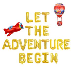 let the adventure begin balloons, gold mylar aluminum travel theme party sign, baby shower/bridal shower/wedding/birthday/moving away/goodbye/graduation/retirement party decorations