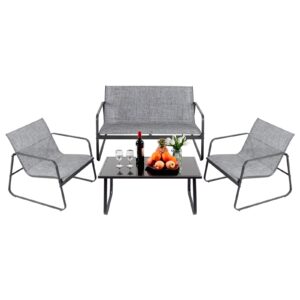 dumos 4 pieces patio furniture set outdoor patio conversation sets poolside lawn chairs with glass coffee table porch furniture for courtyard, garden and balcony (grey)