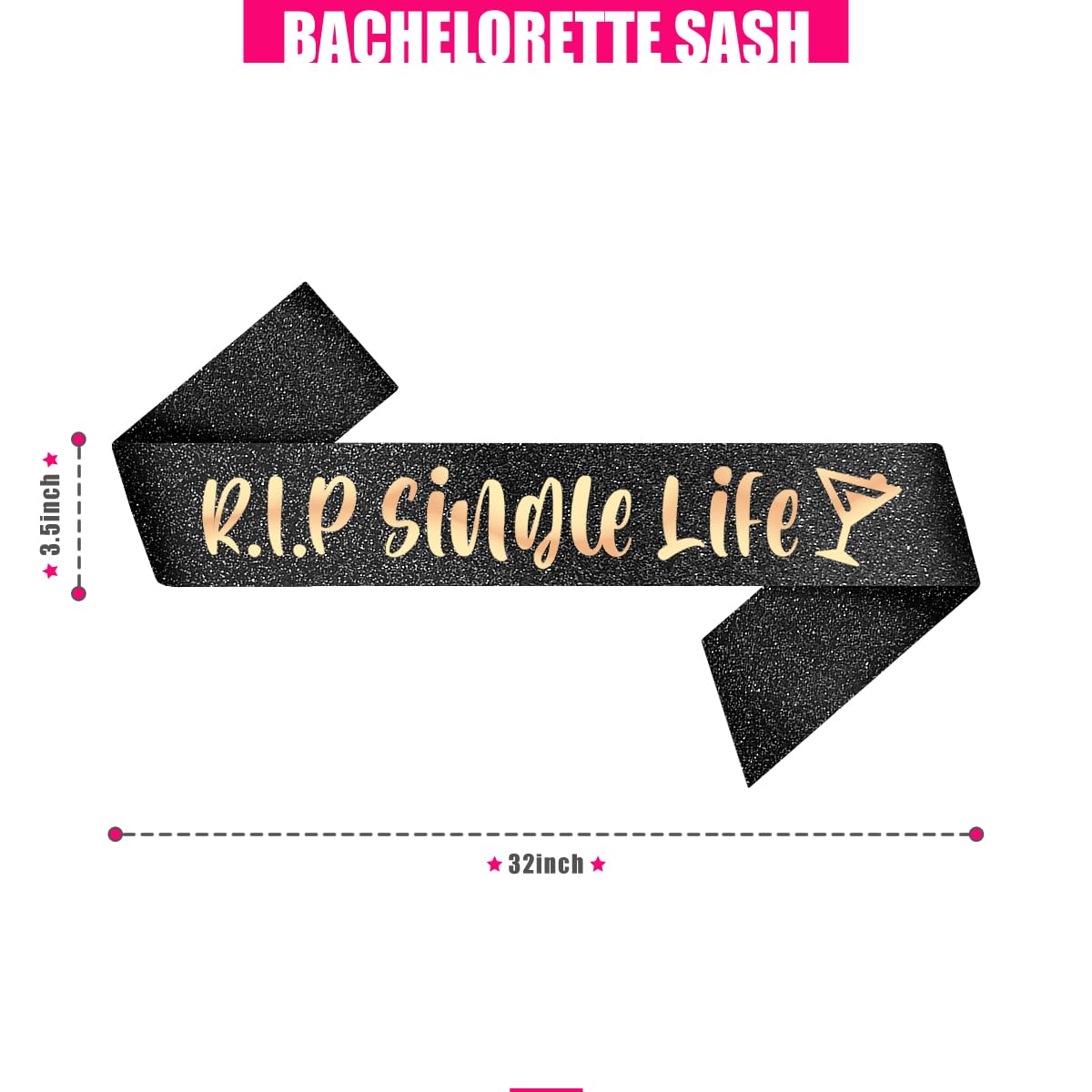 PartyForever Bachelorette Party Decorations Sash for Women RIP Single Life Black 32 inch Long with Rose Gold Letters for Her