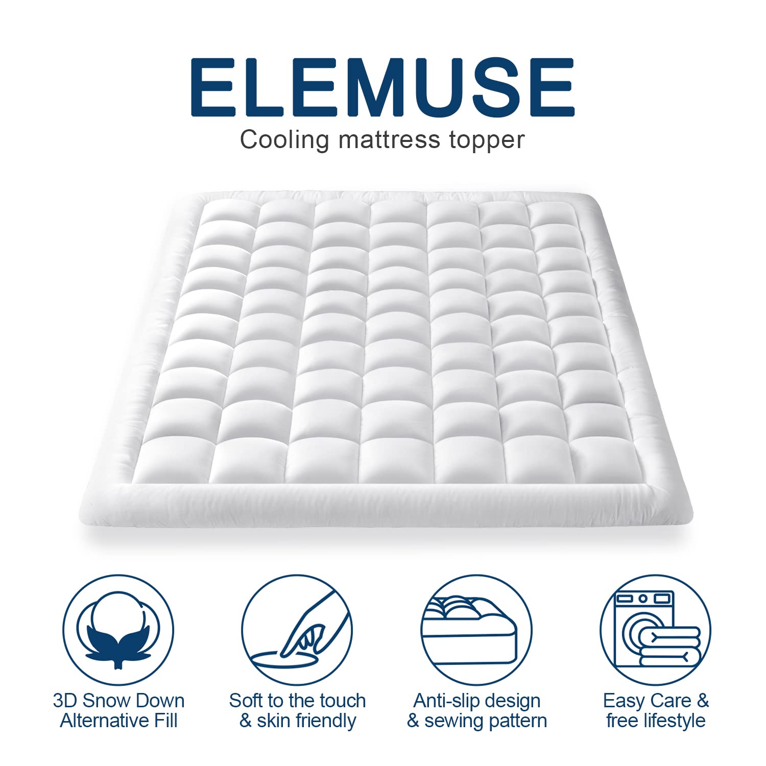 ELEMUSE Cooling Blue Queen Dual Layer Mattress Pad Cover, Cool-to-Touch Fitted Sheet Plus Soft Mattress Topper for Hot Sleepers, Supportive Pillowtop Mattress Protector with Fluffy Filling