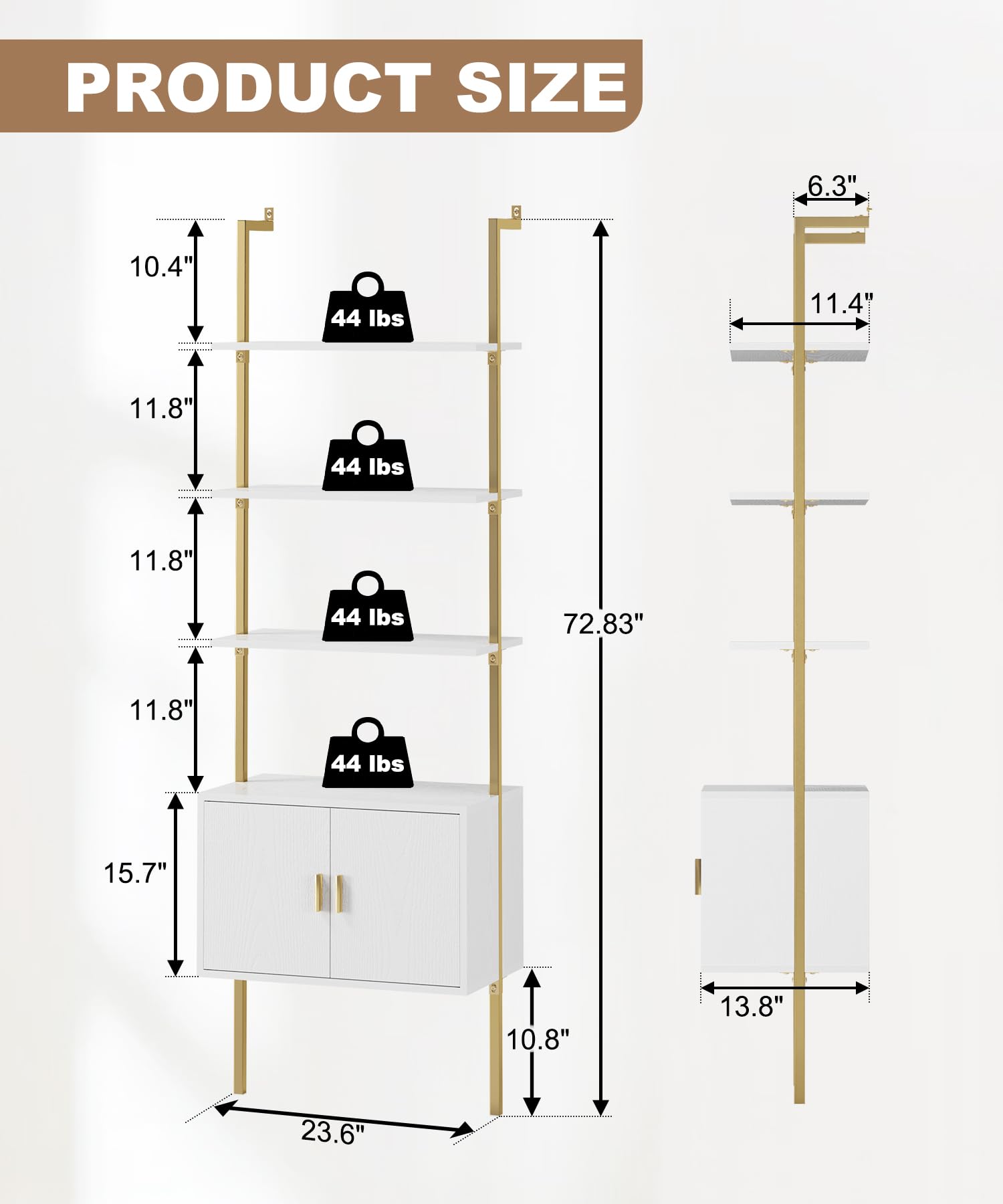 Gadroad 73" Tall Bookshef with Cabinet, Wall Mounted Industrial Ladder Bookcase with Wood and Metal Frame, 5 Tier Plant Shelf Display Storage Shelves for Living Room Bedroom, White Gold